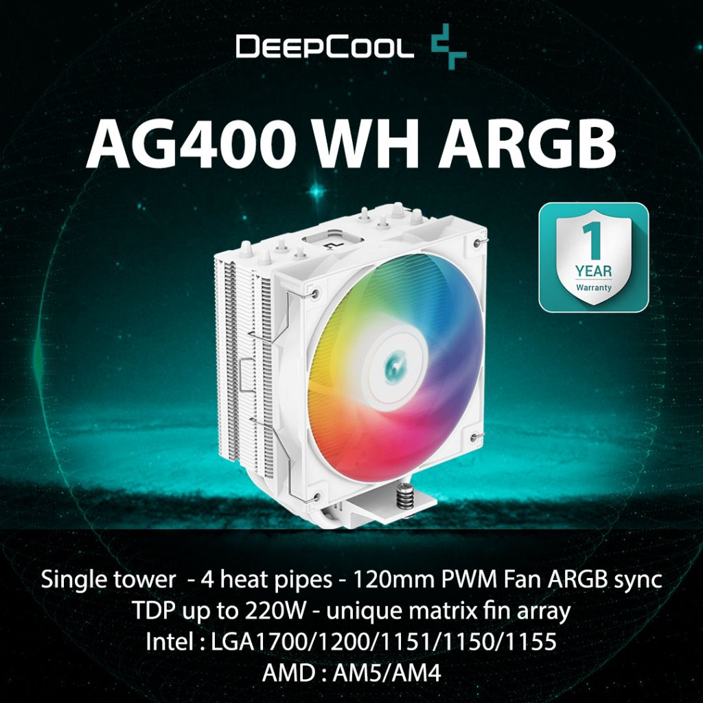 Deepcool AG400 White A-RGB Efficient 4 Heat Pipes CPU Cooler | Shopee ...