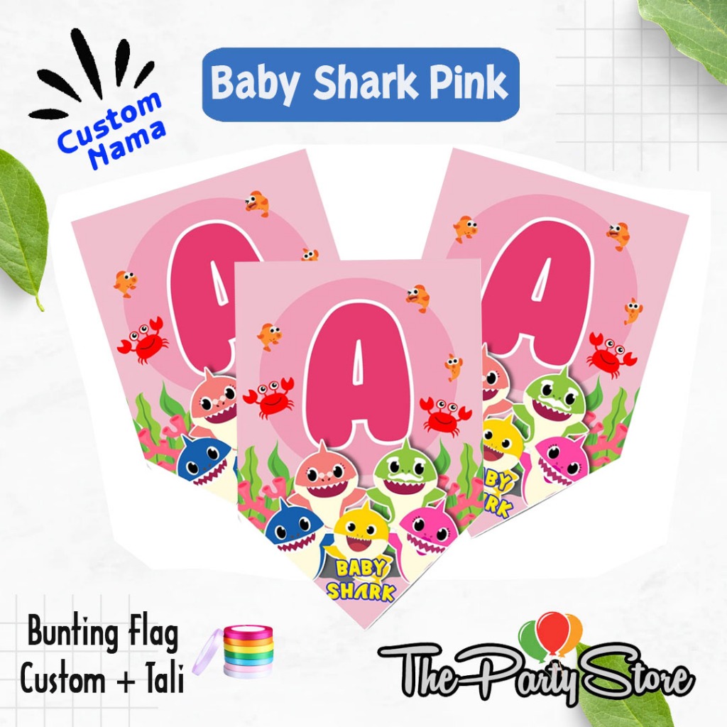 Pink Baby Shark Character Bunting Flag Happy Birthday Banner / Custom ...