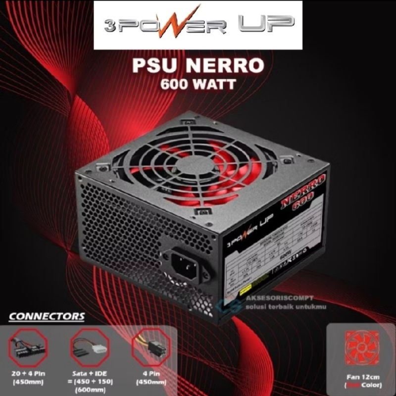 PSU 600 watt 3 Power Up NERRO 600 with RED COLOR FAN 12cm | Shopee ...