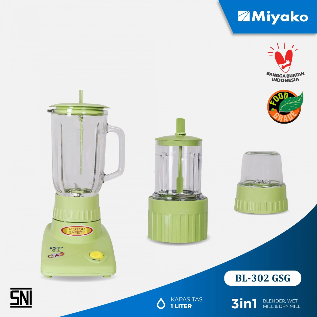 Miyako BLENDER Bl302 GSG/GSY/MIYAKO BLENDER 3IN1/MIYAKO Glass BLENDER Bl302 1 LITER Capacity ...