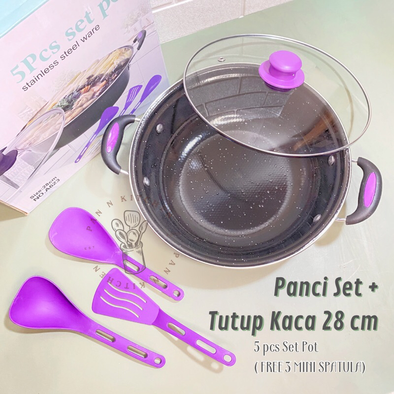 UNGU HITAM Panci Set 5pcs+glass Lid 28cm/ Panci Hot Pot/ Panci Suki ...