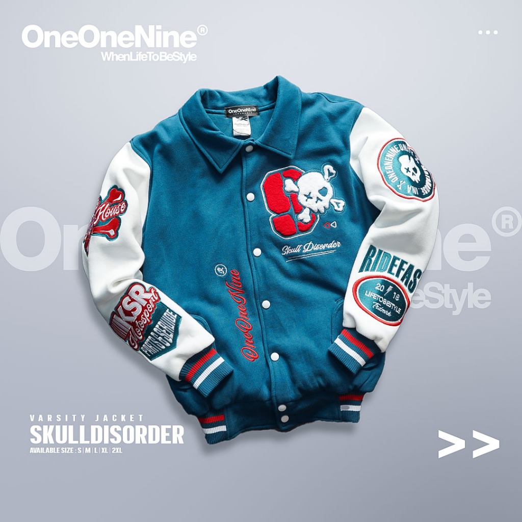 Oneonenine Ksr Varsity Skull Disorder Blue Jacket - Embroidered Fleece ...