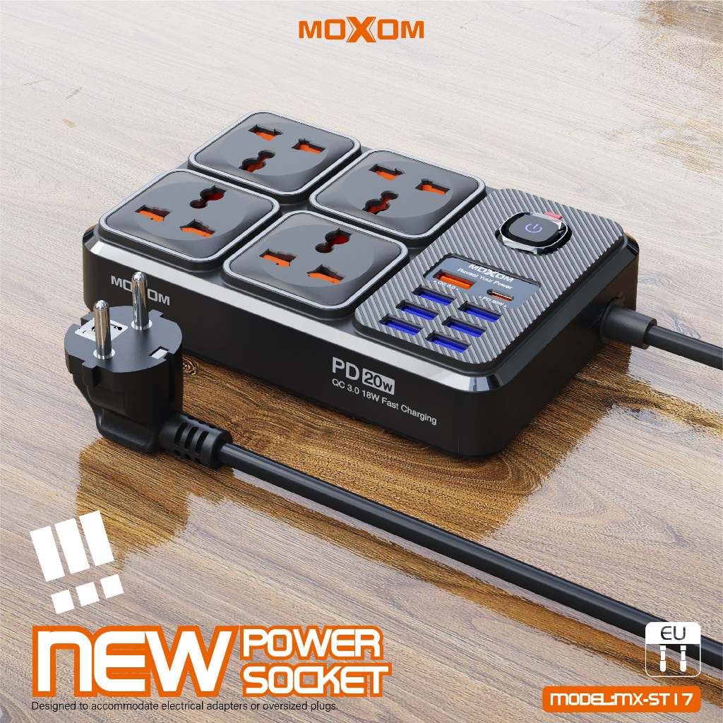 Moxom Power 4 Socket 1PD 20W+7USB (1QC 18W) 2500W(MAX) 3Meter MX-ST17 ...