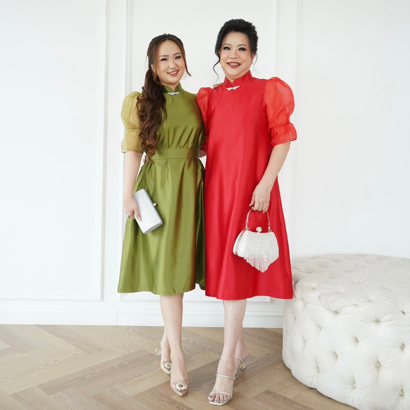Wang Dress Midi A Line Balloon Sleeve Puffy Sleeve Collar Qibao ...