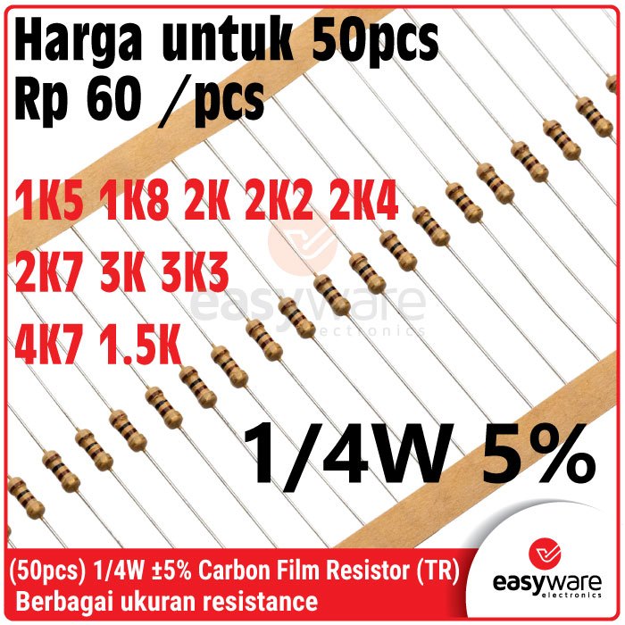50x Carbon Film Resistor 1/4W 5% 0.25W 1K5 1K8 2K 2K2 2K4 2K7 3K 3K3 ...
