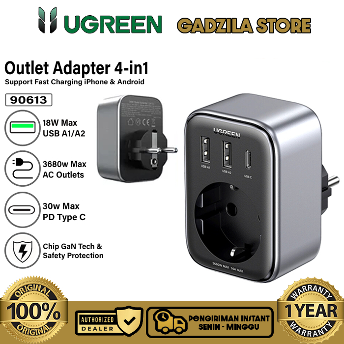 UGREEN 4in1 Power Outlet Socket Adapter GaN 30W Dual USB A + Type C PD ...