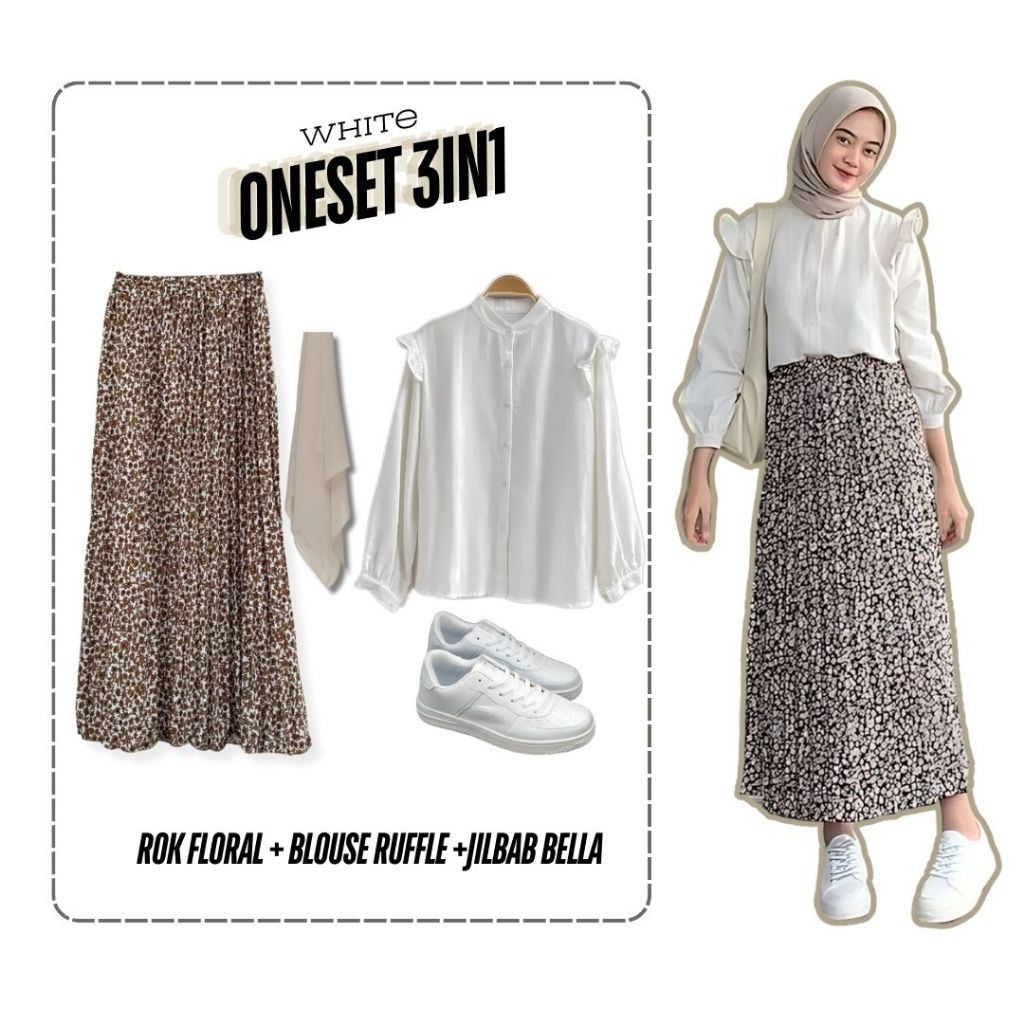 PUTIH 3 in 1 One set of women's white blouse top with ruffle ruffle ...