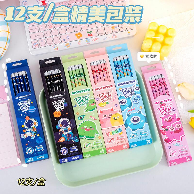 12 PCS BOX/ FREE 2B Wooden Pencil Sharpener + Monster Astronaut Cartoon ...