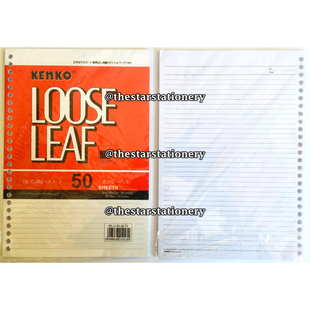 (1 Pack of 50 Sheets) WHOLESALE Loose Leaf Kenko B5 50 / Kenko Binder ...