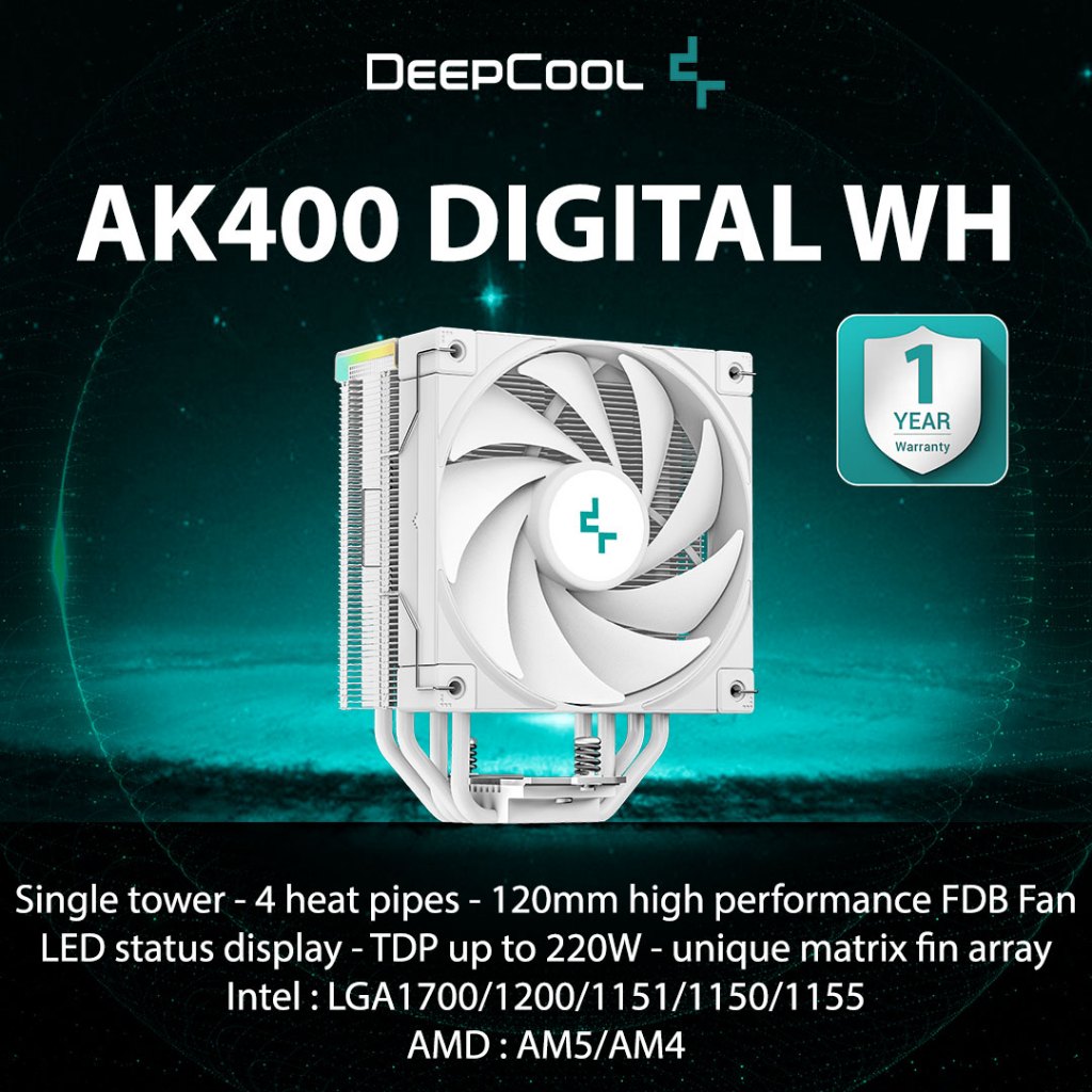 Deepcool AK400 Digital White CPU Cooler With Display Status | Shopee ...