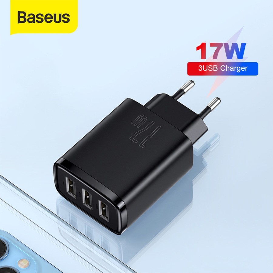 Baseus COMPACT CHARGER Head Adapter SAFE CHARGING 3 PORT USB 17W ...