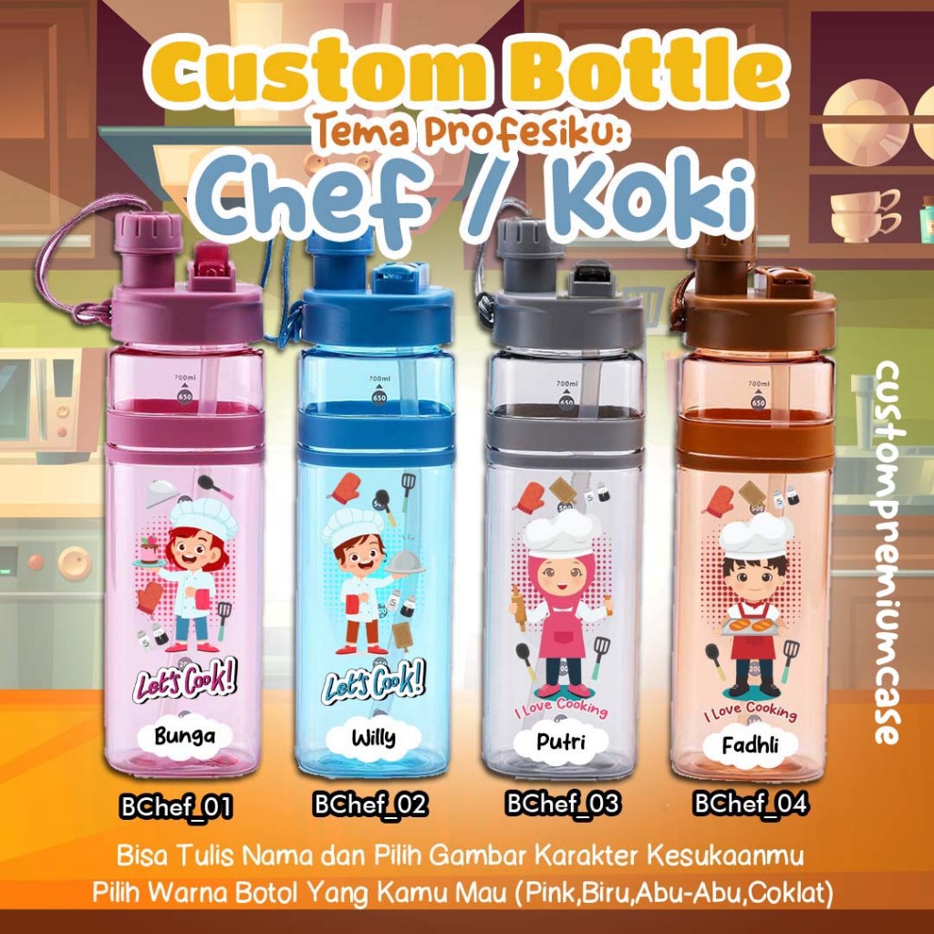 Custom DRINKING BOTTLE - 2 In 1 Bottle - Sip & Sip - CITA-CITA CHEF/KOKI PROFESSIONAL CHARACTER ...