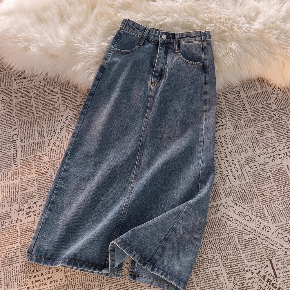 Korean style split denim skirt women's a-line skirt with medium high ...