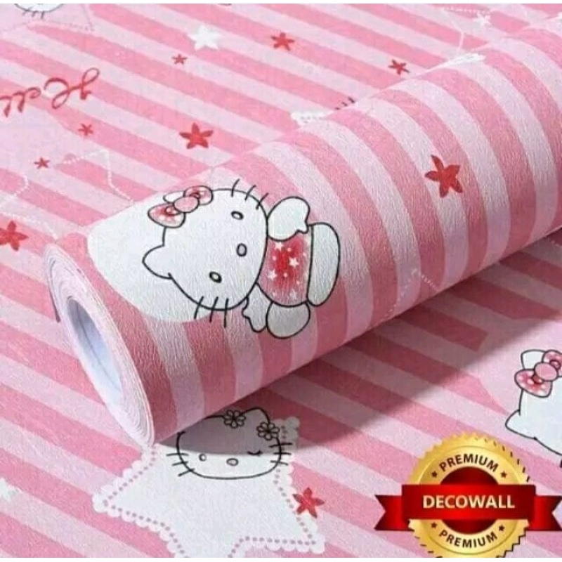 Hello Kitty motif wall Wallpaper with soft pink stripes | Shopee ...