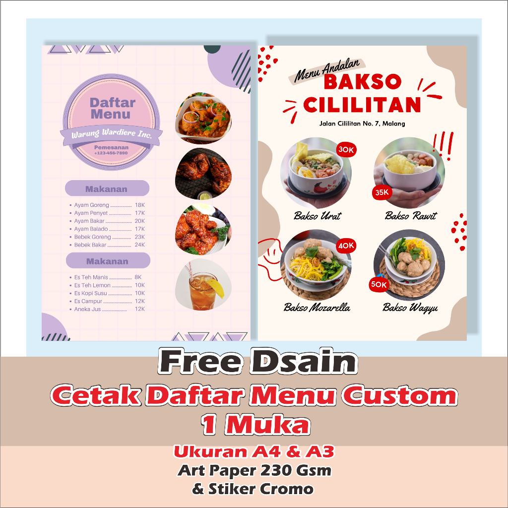 Print 1-face menu list A4 A3 size food drink menu list cafe cromo art ...