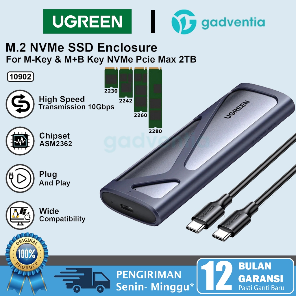 Ugreen Casing SSD Enclosure NVMe M.2 Sata To USB 3.1 Gen2 10gbps M-Key ...