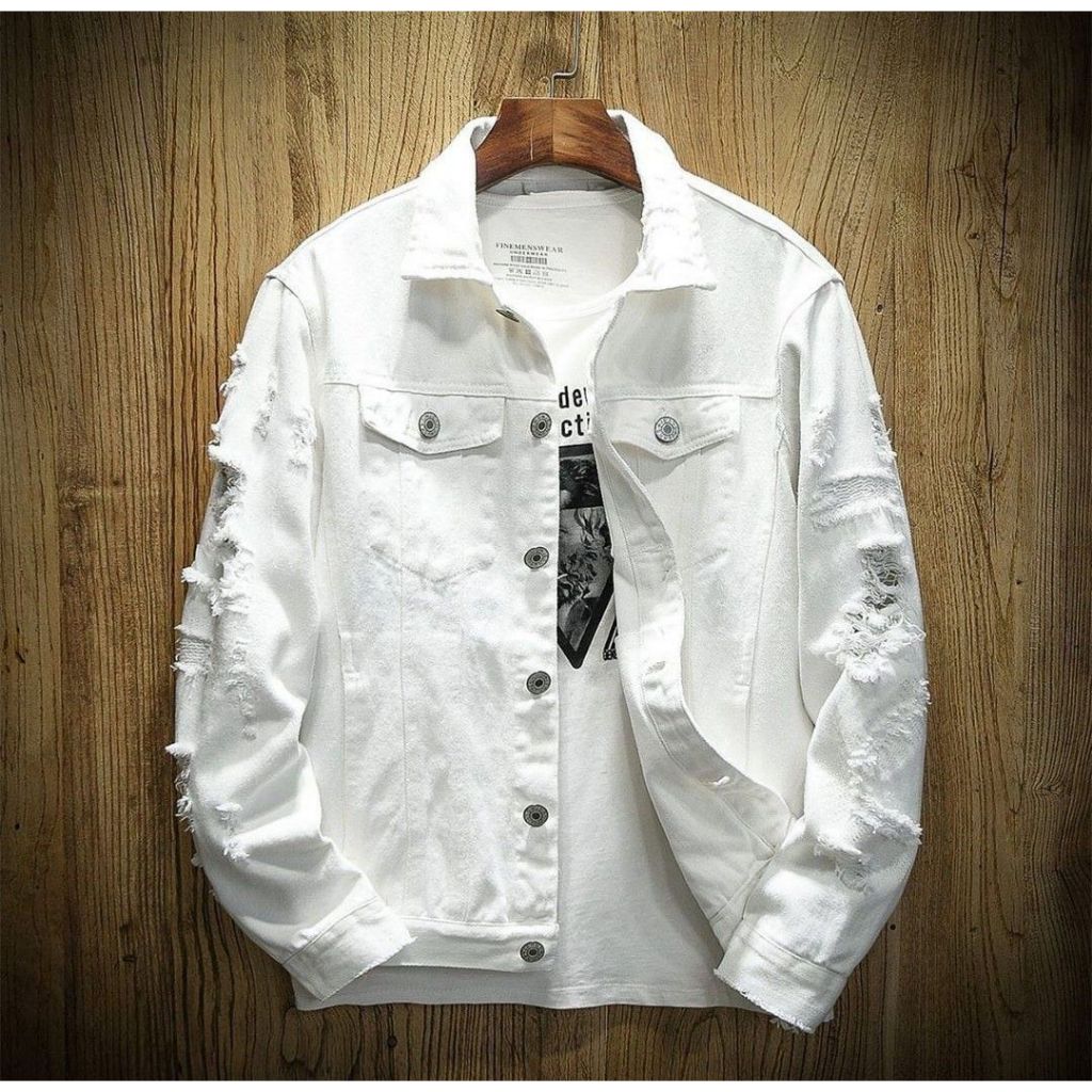 PUTIH Mamima-men's plain white ripped denim jeans jacket, men's top ...