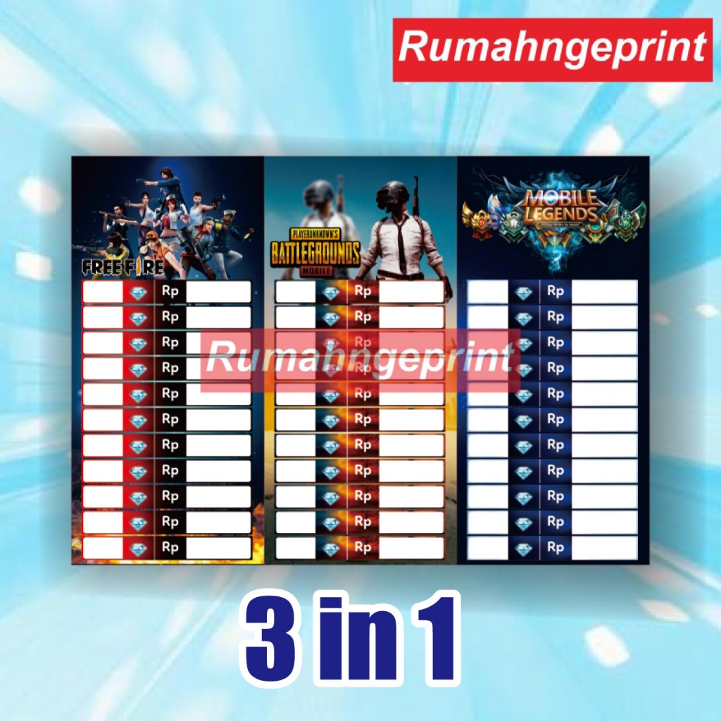 3in1 | Waterproof Sticker TOP UP GAME Price List, TOP UP Price List ...