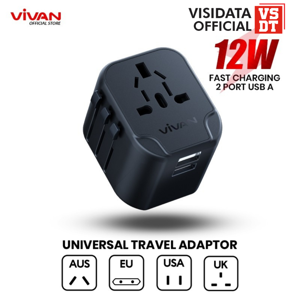 Vivan VPS-T002A 12W universal Travel Adapter Black Dual USB A port ...
