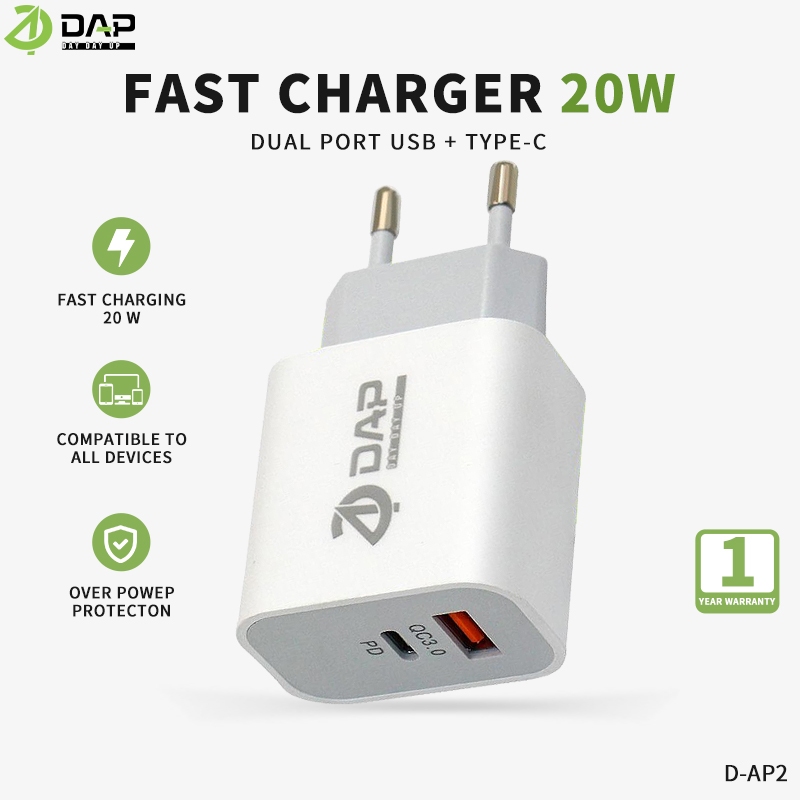 DAP Dual Port USB Charger Head USB Type C Fast Charging 20W D-AP2a - 1 ...