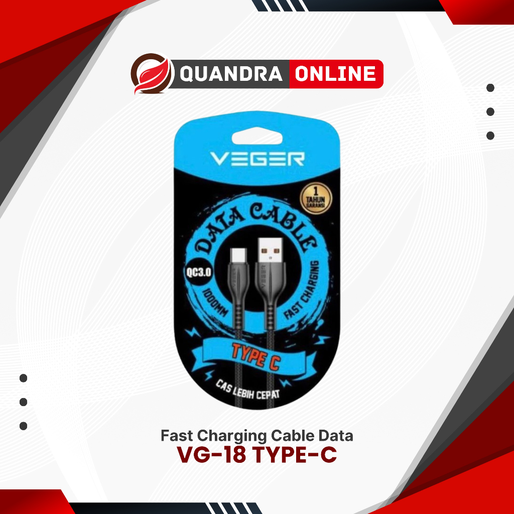 VEGER Data Cable VG-18 USB TYPE C TYPE-C QC 3.0 Fast Charging (1 Meter ...