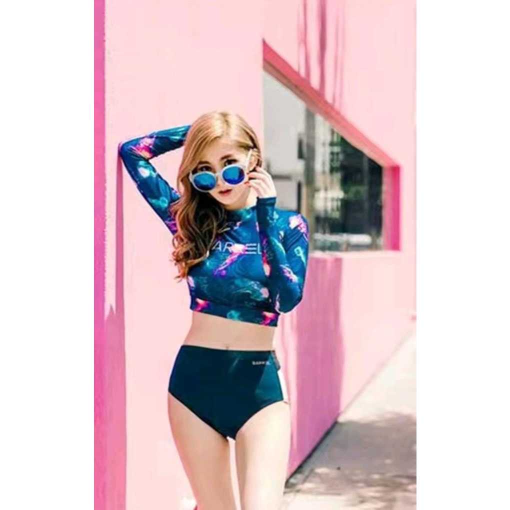 SAF - JELFI blue bikini set crop top long sleeve + panty woman premium / korean swimwear ...