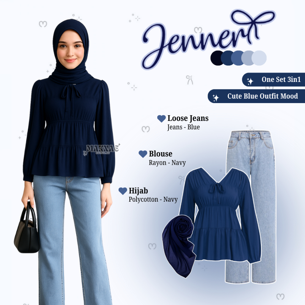 Women's One Set Clothes (Ruffled Blouse + High Waist Jeans + Hijab ...