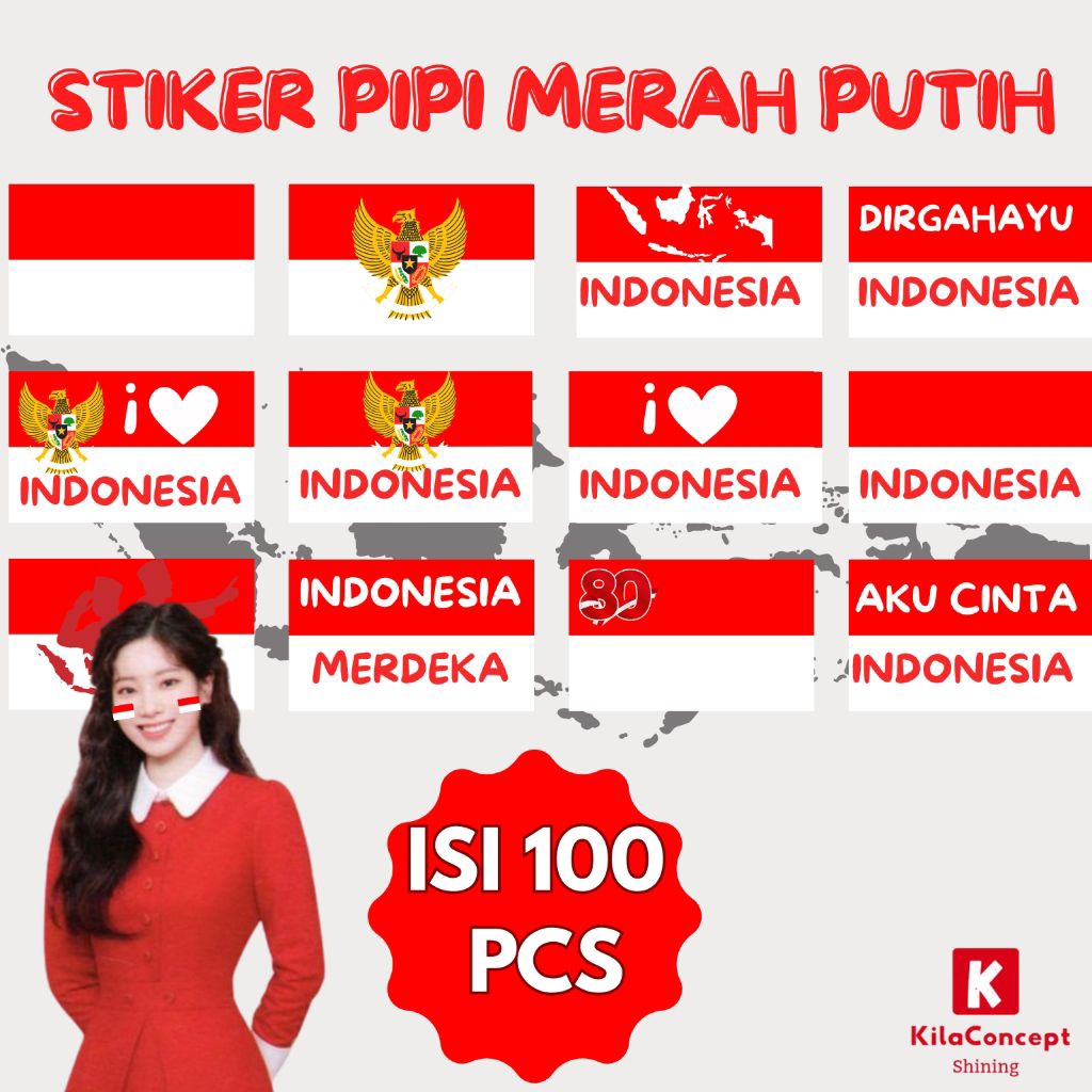 MERAH 100 pcs red and white cheek stickers, Indonesian flag, Indonesian ...