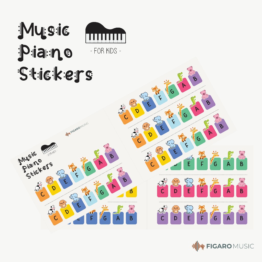 Piano Stickers keyboard labels for kids, note names with cute animals ...