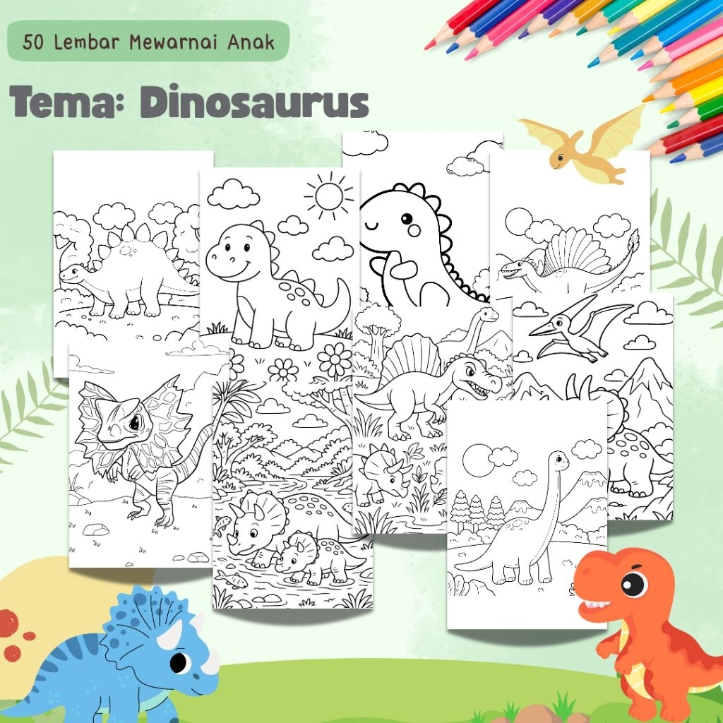 50 DINOSAUR Themed Children's Coloring Sheets uk A5 | COLORING PAPER ...
