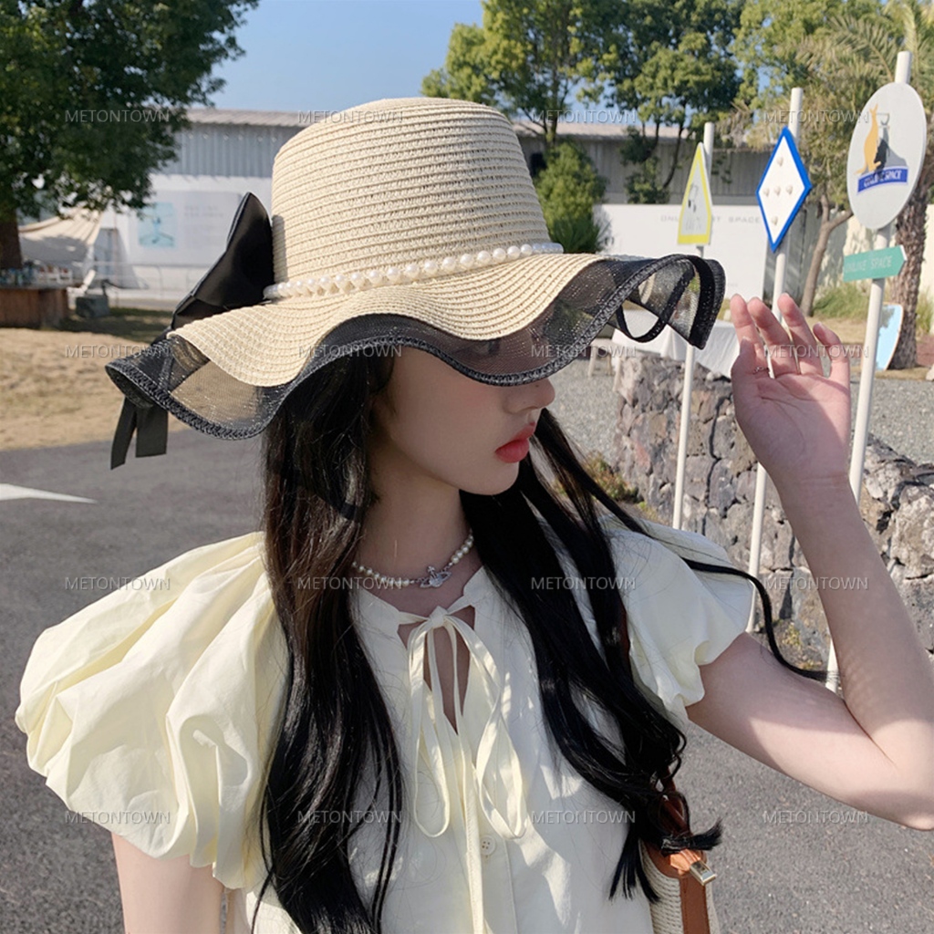 Mtt Women's Beach Hat Wide Wave Ribbon Accents Bucket Hat Summer Hat ...