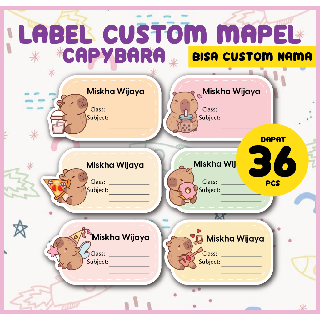 CAPYBARA Motif School Book Name Stickers - Custom Maples & Children's ...