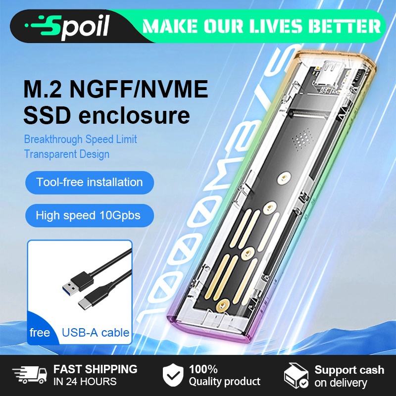 M.2 SSD Transparent Hard Drive Enclosure NGFF NVMe Dual Protocol Solid ...