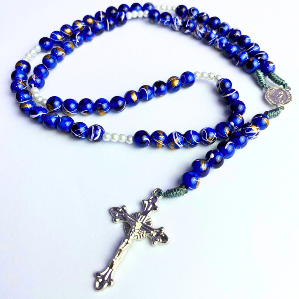 Blue Catholic Rosary with Gold pattern 77 beads | Shopee Philippines