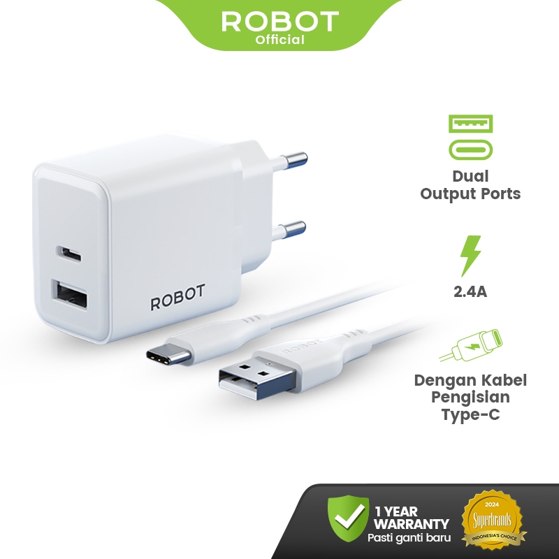 ROBOT Charger Adapter 12W Fast Charging Dual Port with Micro USB Type-C ...
