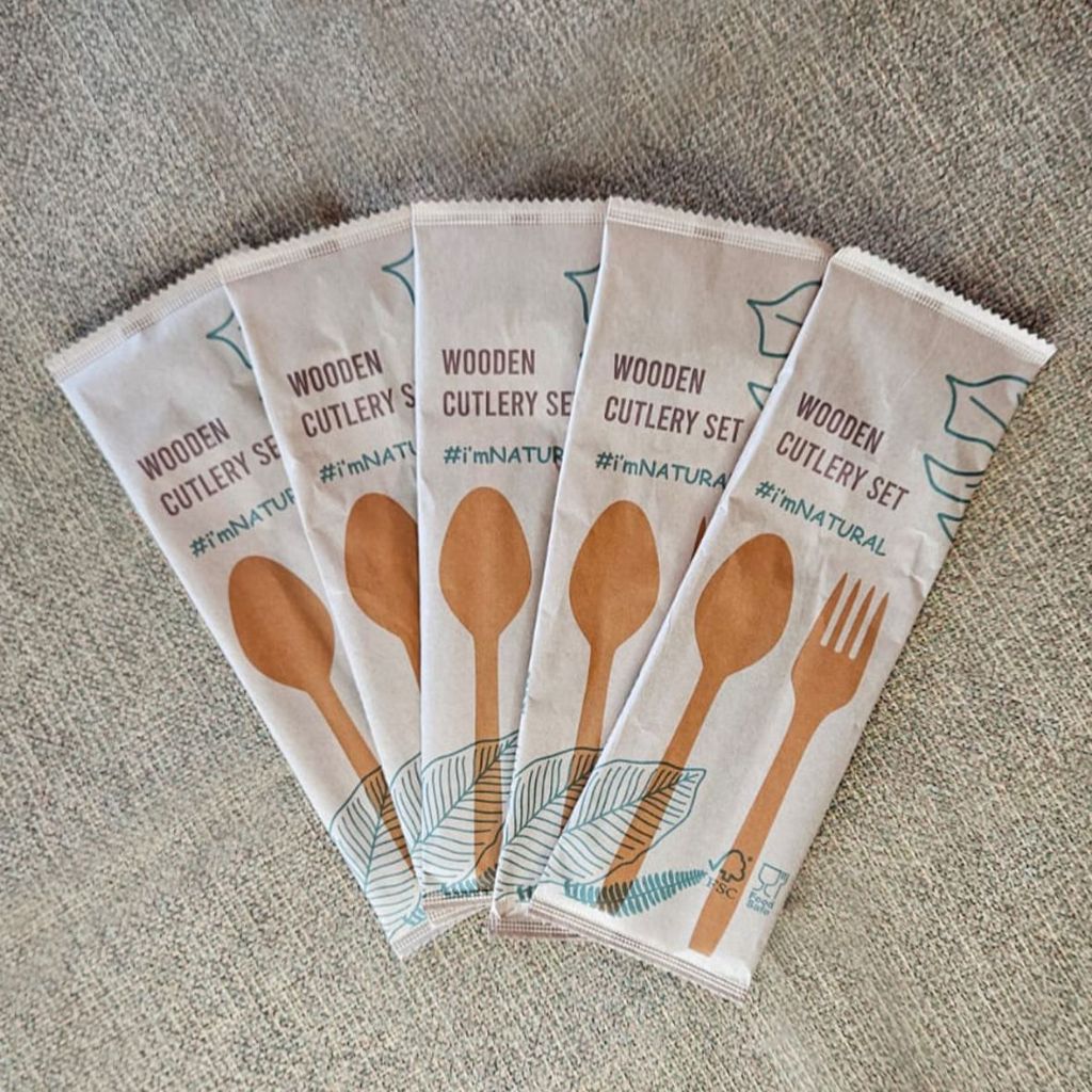 (10SET) Wooden Spoon and Fork Set 16 cm Premium Hygiene Paper Wrap 16CM ...