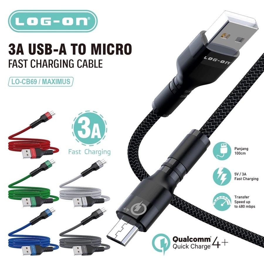 Log-on LO-CB69 / Maximus 3A Micro USB Qualcomm Data Cable 4+ M Nylon Fast Charging Cable ...