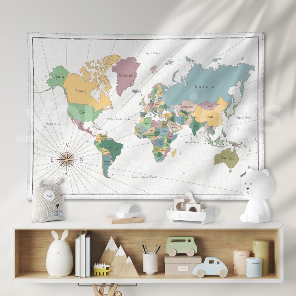 World Map Fabric Tapestry | Aesthetic Wall Hanging | Educational Cloth ...