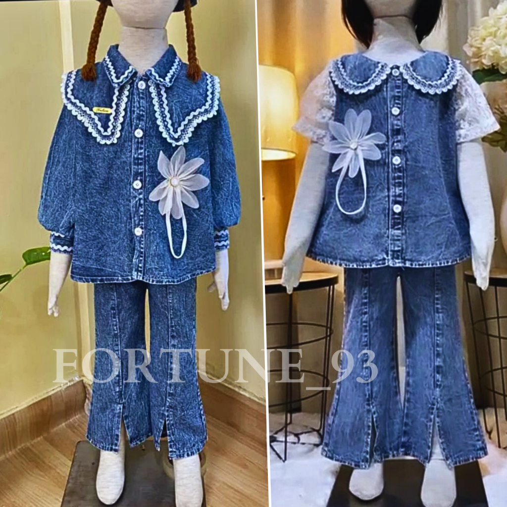 Girls' jeans set imported korean style combination of brocade ...