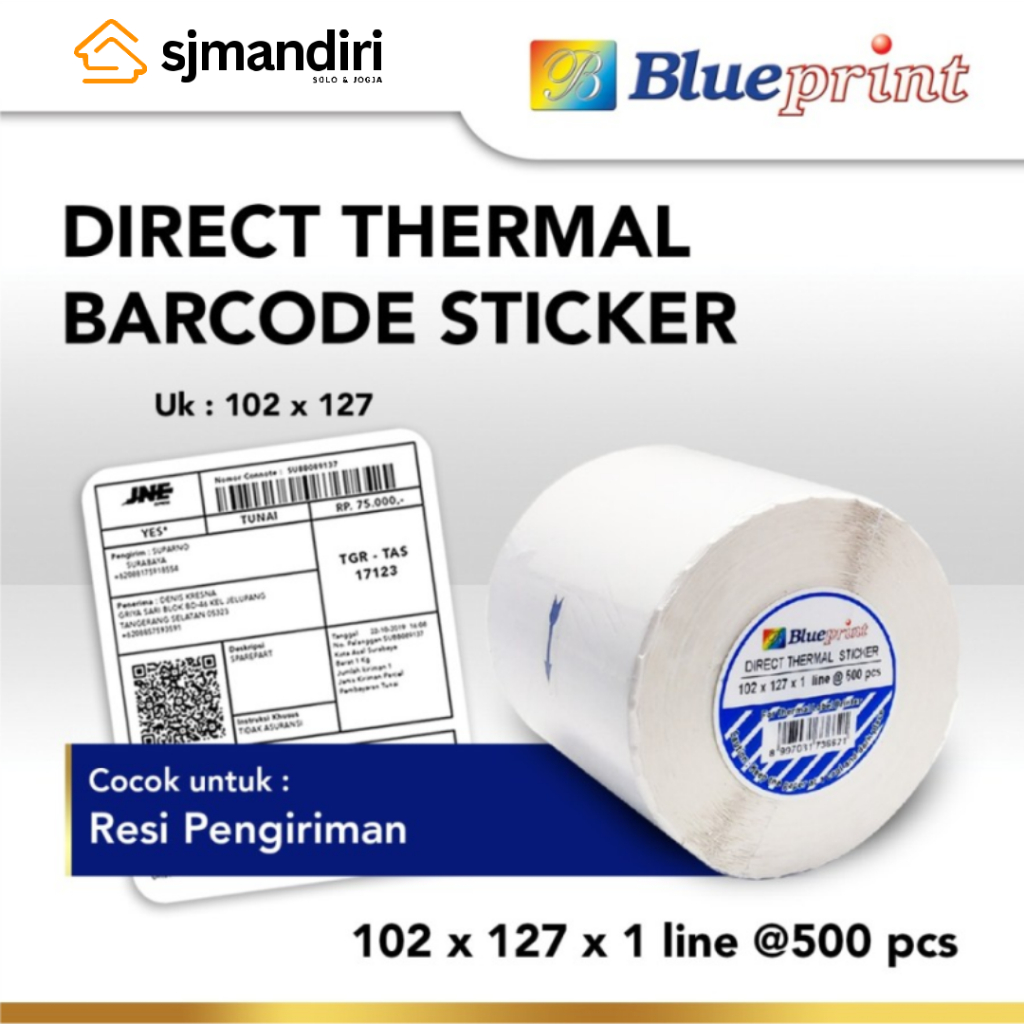 Direct Thermal Sticker Label 102 x 127 mm Blueprint JNE Receipt Barcode ...