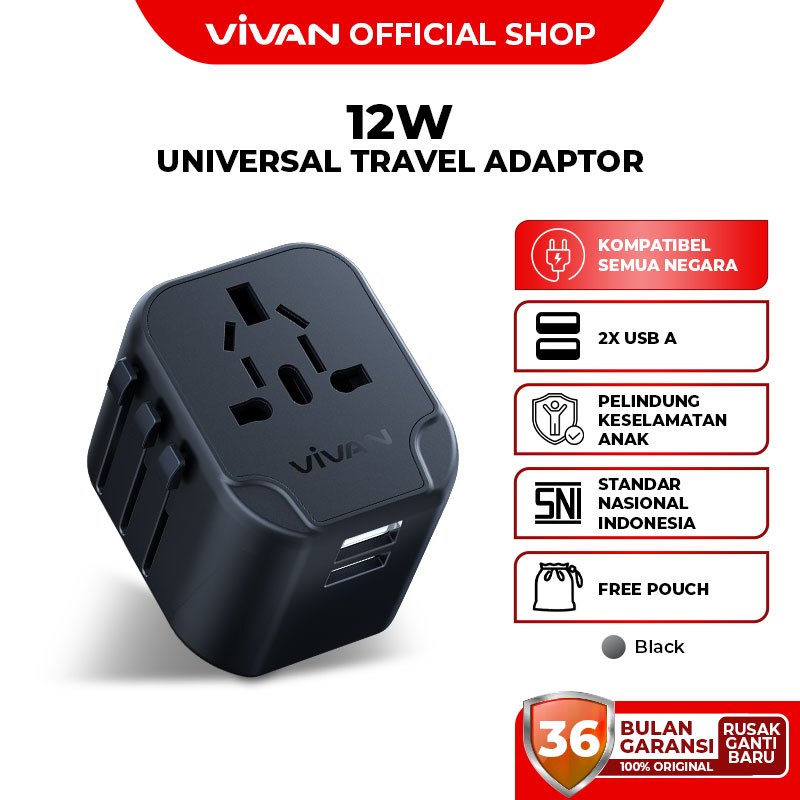 VIVAN Travel Adapter 12W Dual USB A Multi-country Power Adapter ...
