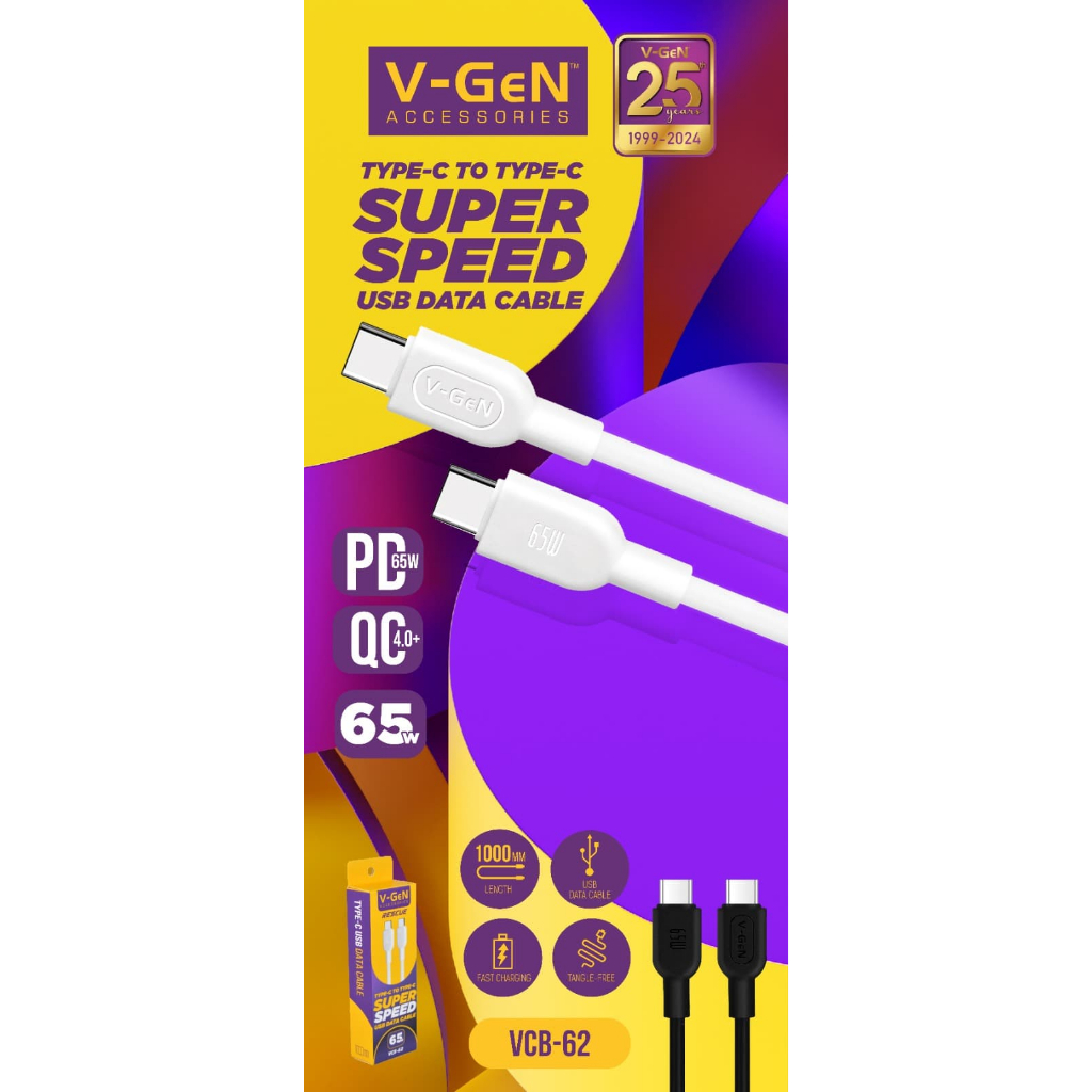 V-gen VCB-62 Super Fast Charging USB Data Cable 65W 3A QC4.0+ PD Type C ...