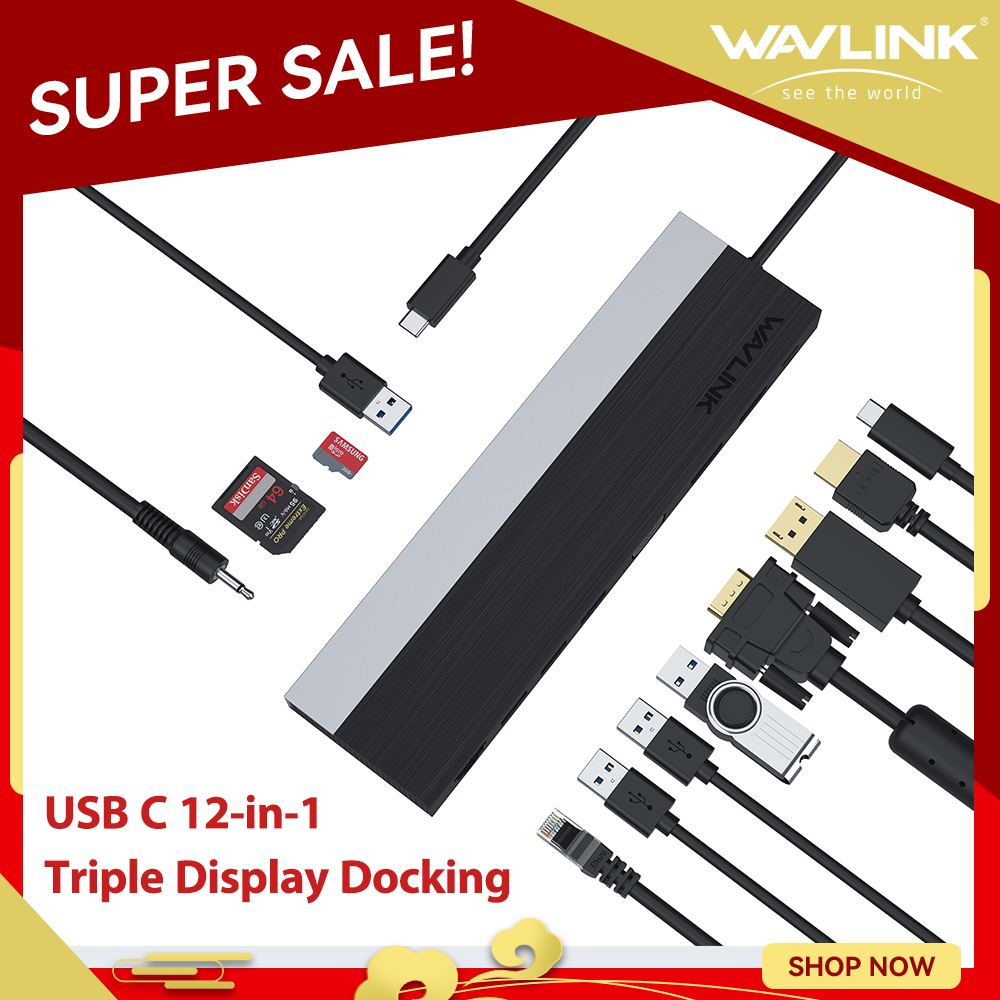 Wavlink USB C 12-in-1 Hub/ Docking Station, Triple Display Type-C Adapter with HDMI, Display ...
