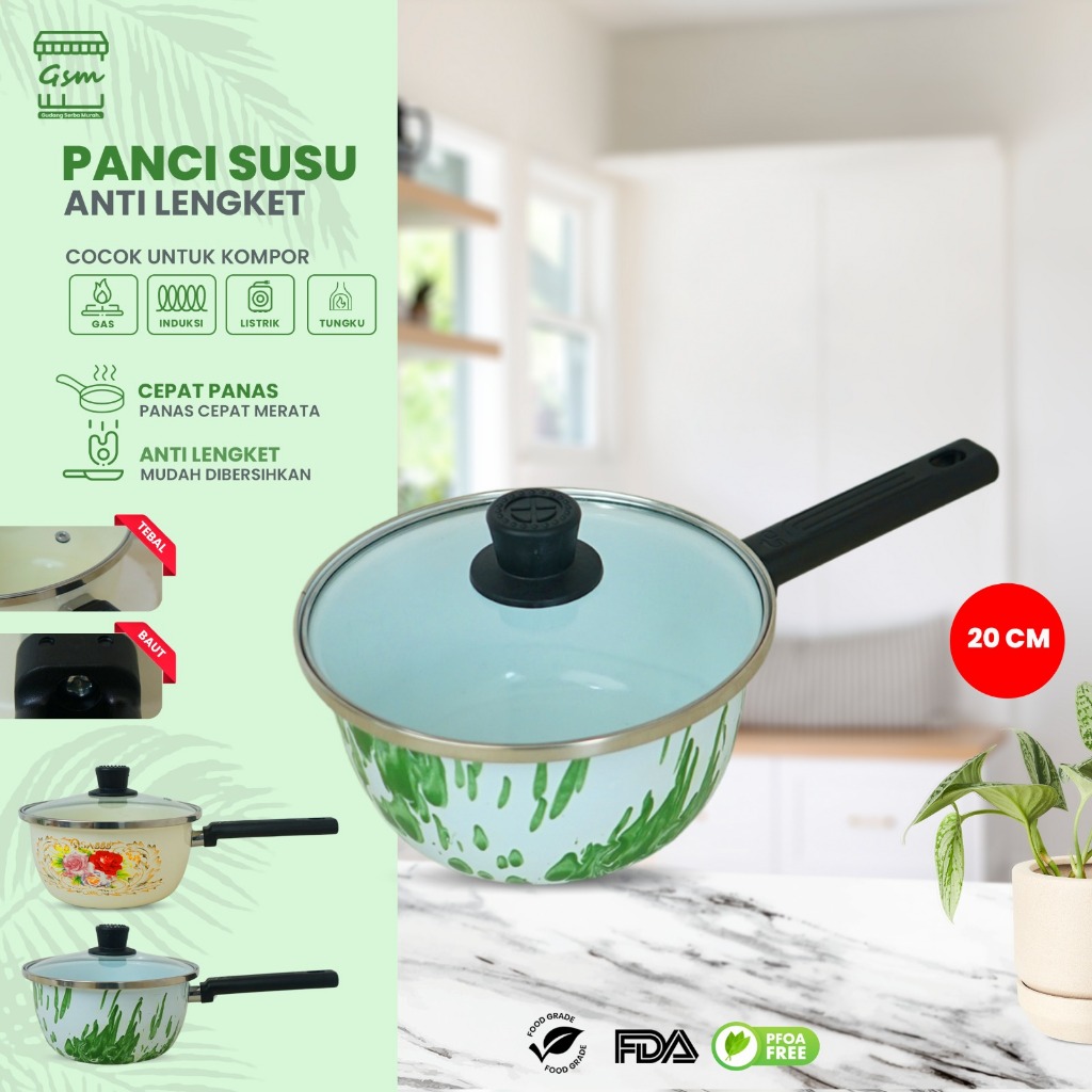 GSM 20cm Enamel Soup Pot + Glass Lid / Vintage Milk Pot with Brilik and ...