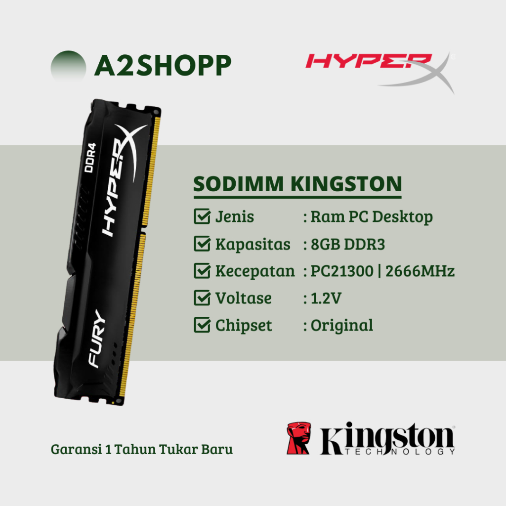 Ram LONGDIMM KINGSTON HYPER-X 8GB DDR4 PC21300 2666Mhz 1 Year Guarantee ...