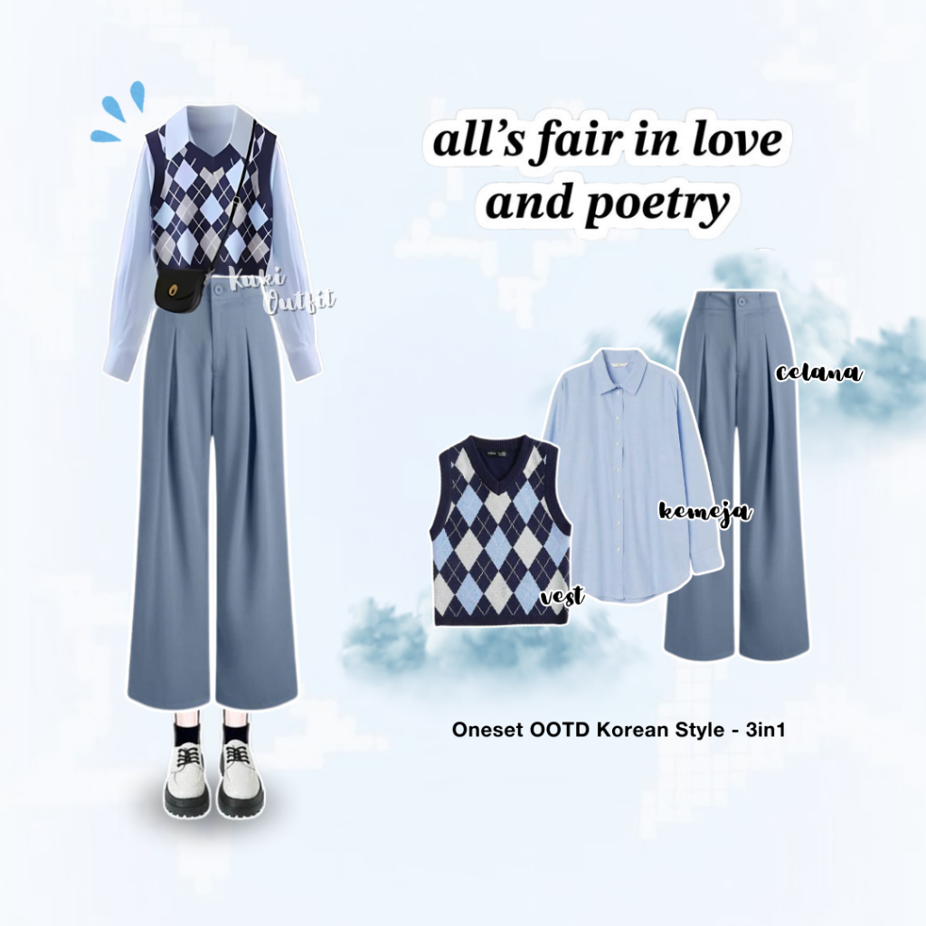 KEMEJA Oneset Korean Style (Vest, Shirt, Trousers) Knitted Style Outfit ...