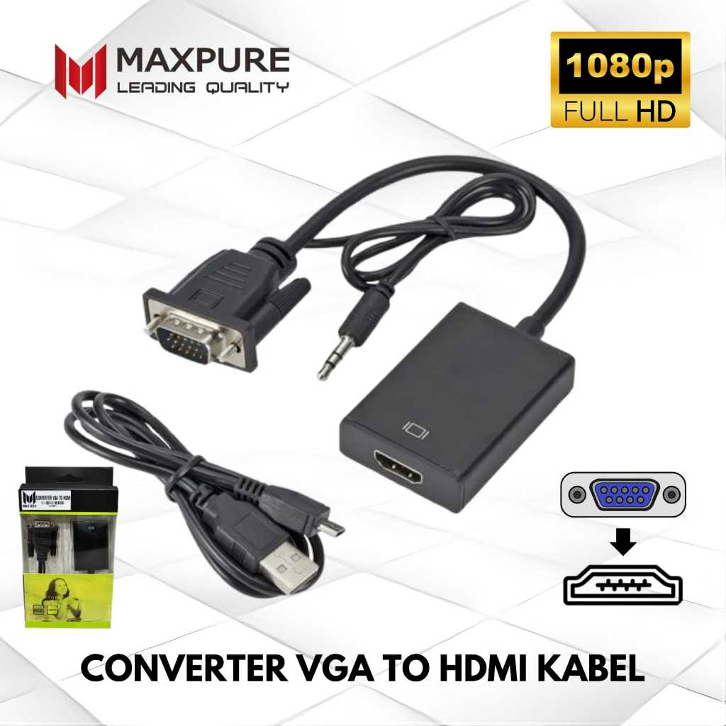 HIJAU Converter VGA TO HDMI GREEN SQUARE cable FULL HD 1080 cable CONVERTER female cpu tv laptop ...