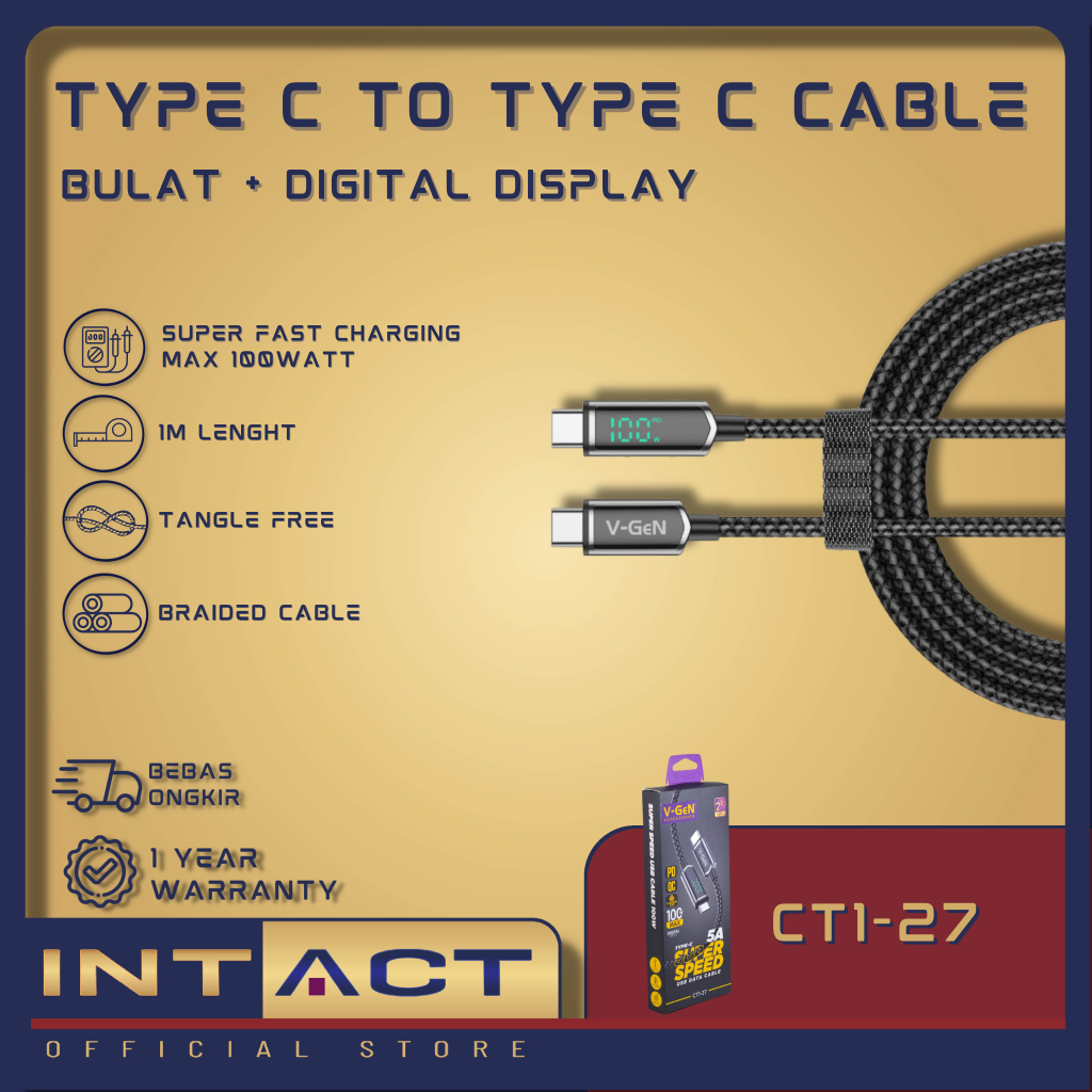 V-gen CT1-27 Super Fast Charging Data Cable 5A 100W Max PD QC 480Mbps ...