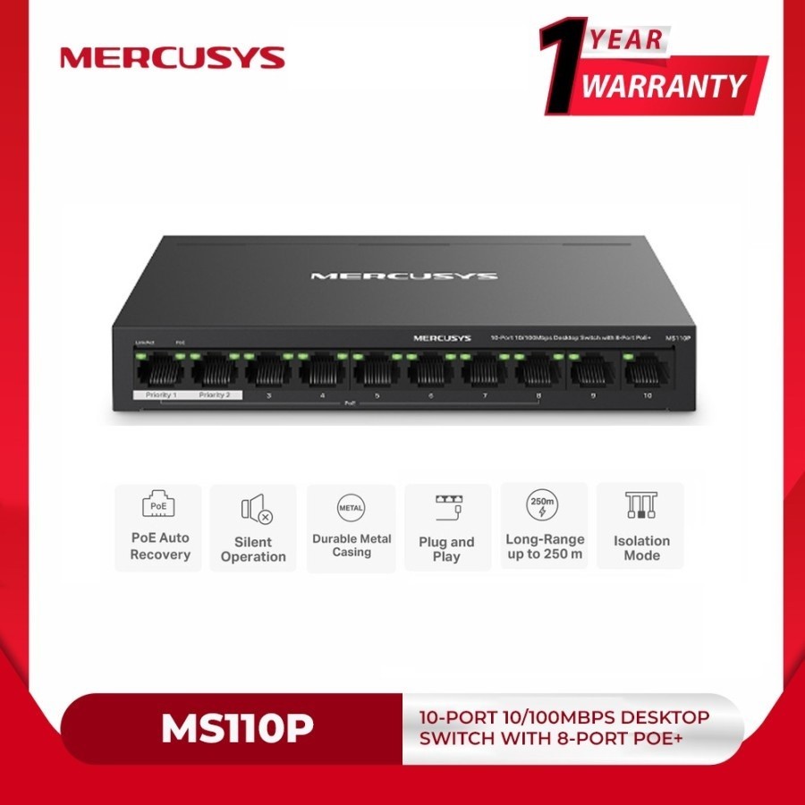Mercusys MS110P 10-PORT 10/100 MBPS DESKTOP SWITCH WITH 8-PORT PoE+ ...