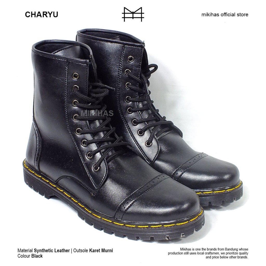 HITAM Mikihas - Dockmart 8 Hole Black Leather Men's Boots - Charyu ...